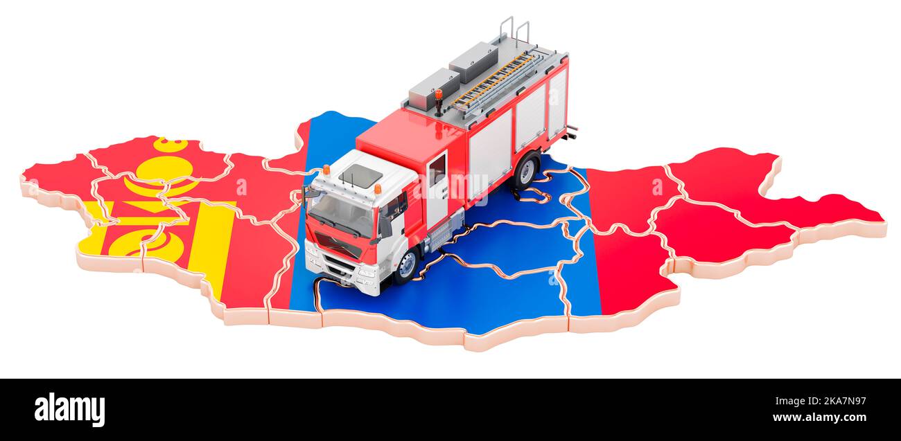 Fire department in Mongolia. Fire engine truck on the Mongolian map. 3D ...