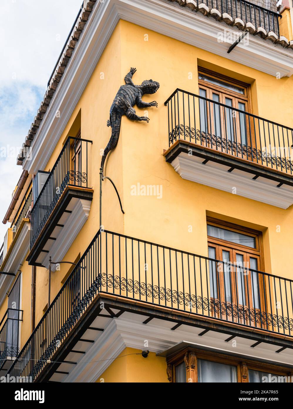 Yellow Building with a lizard on the facade, Valencia, Spain, Europe ...