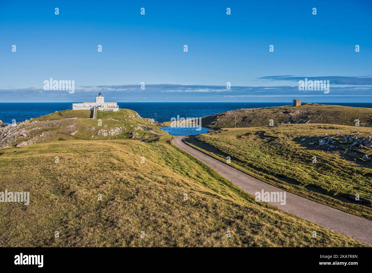 The image is of Strathy Point lighthouse in the far north of the ...