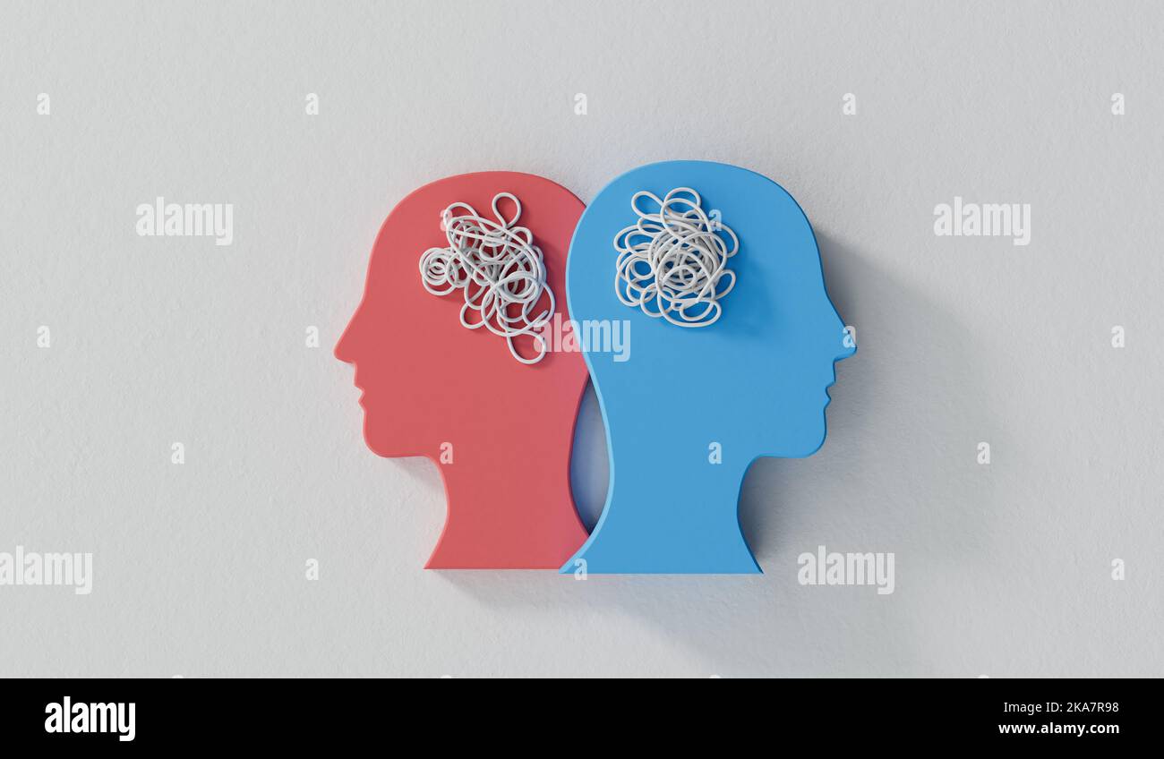 Relationship issues. two heads with complex tangled brain. 3D Rendering ...
