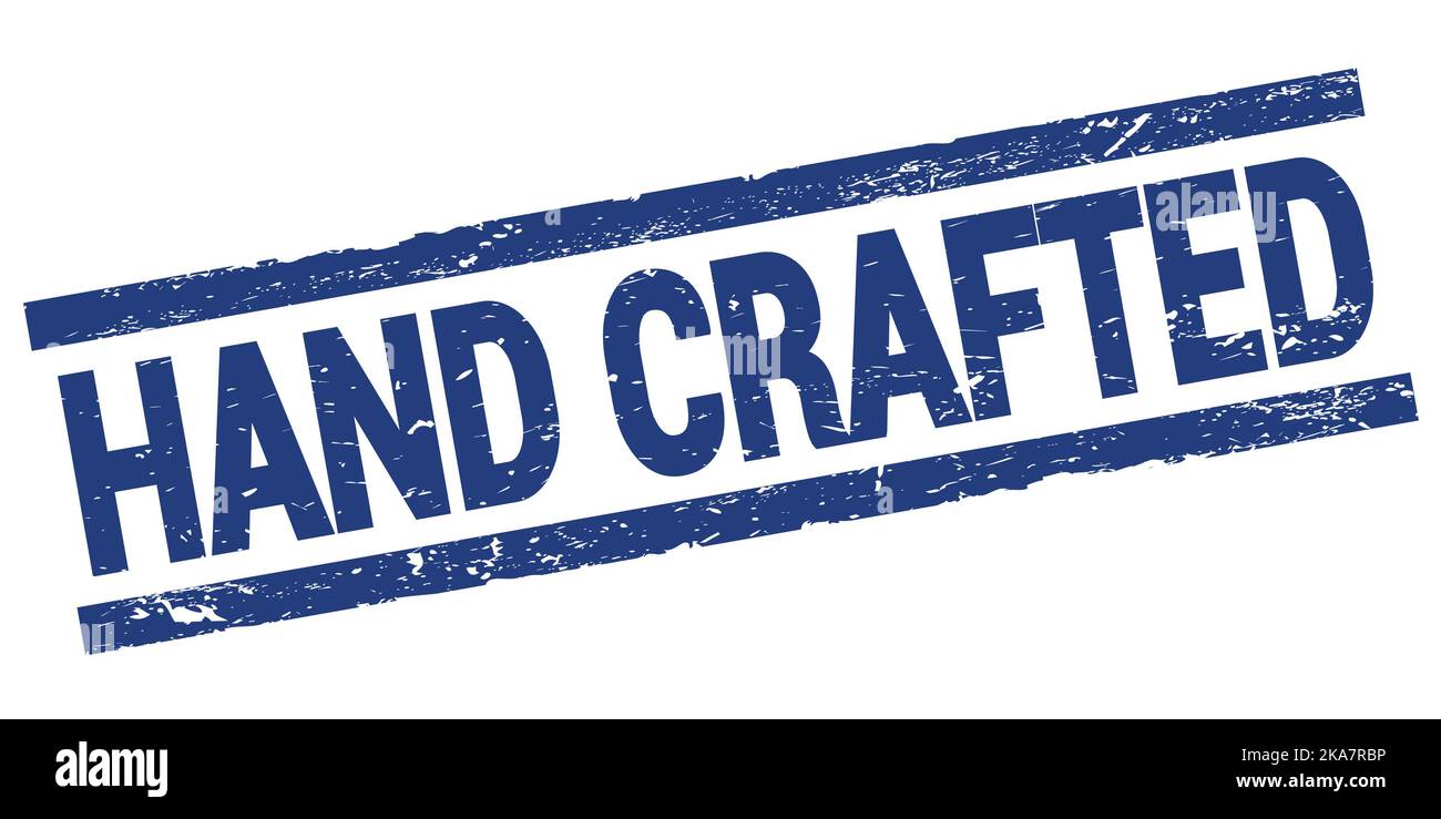 HAND CRAFTED text written on blue rectangle stamp sign Stock Photo - Alamy