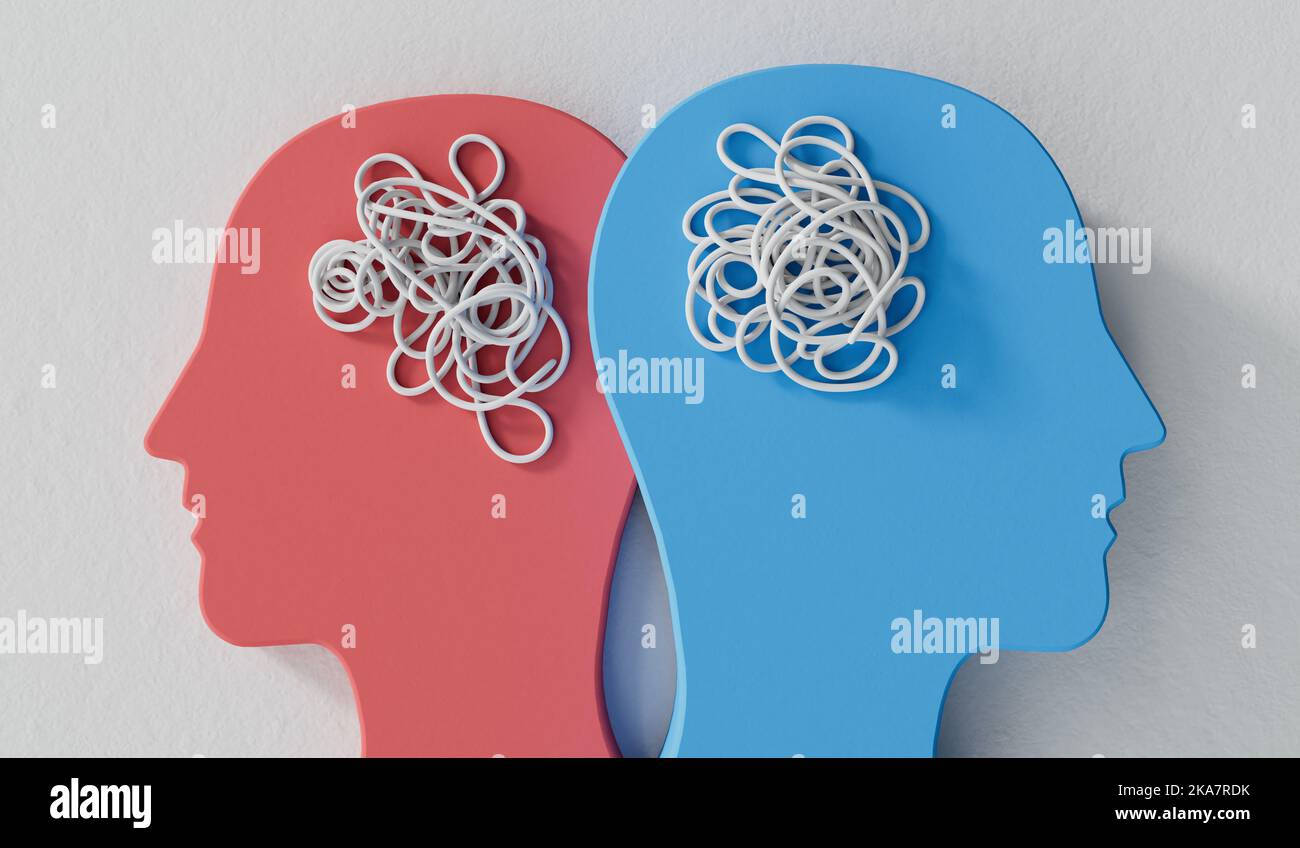 Relationship issues. two heads with complex tangled brain. 3D Rendering ...