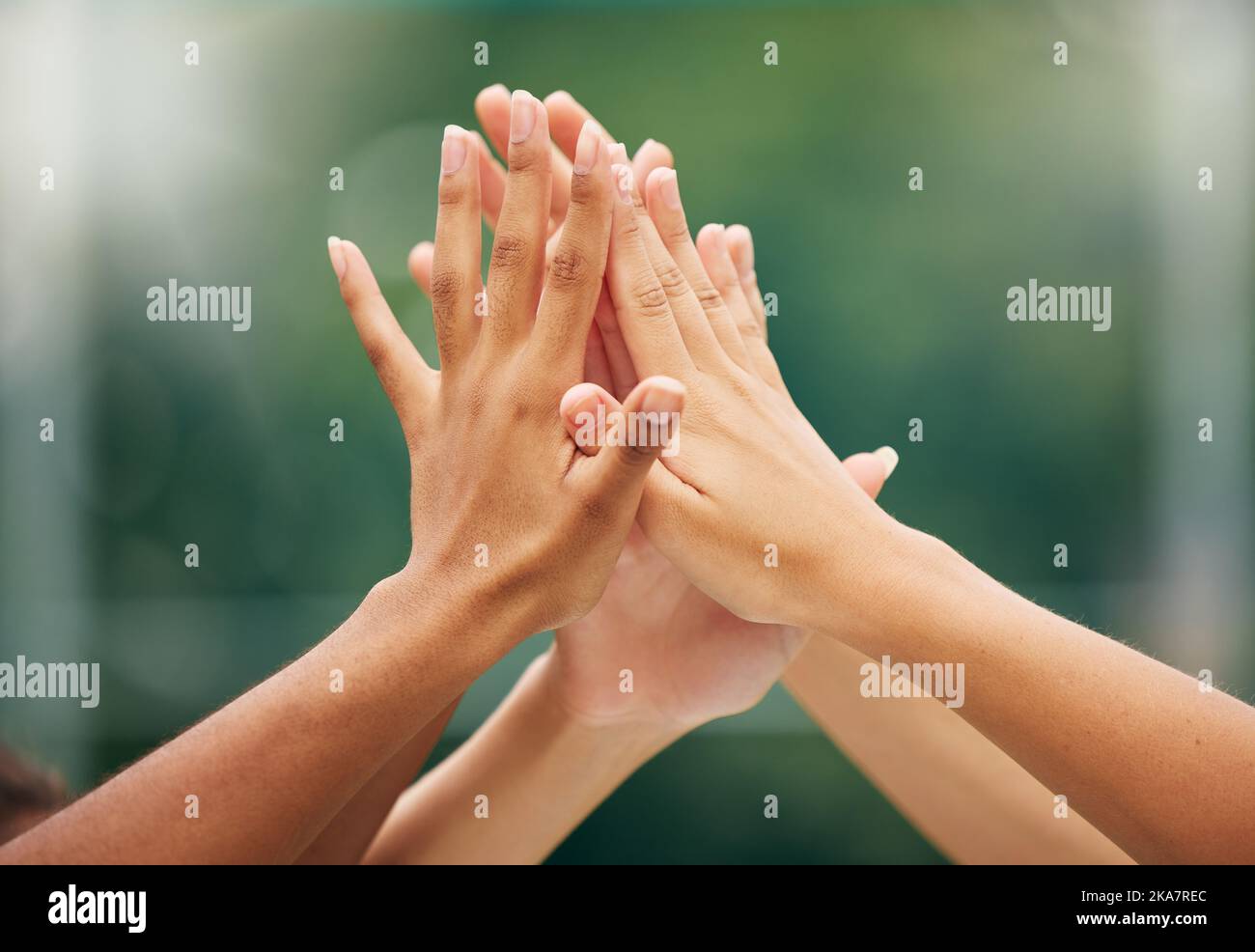 High five hands, success and motivation, support and winner achievement, collaboration and ...