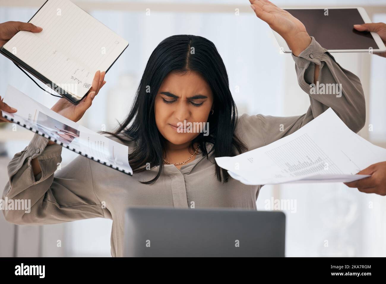 Busy woman, office documents and burnout from work overload, stress and ...
