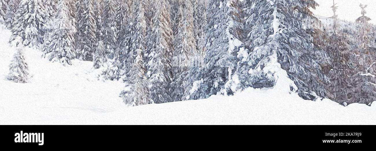 Cold nature outdoor, winter landscape painting with fir trees, forest ...