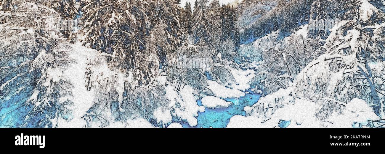 Digital painting of a beautiful winter landscape. Cold nature outdoor ...