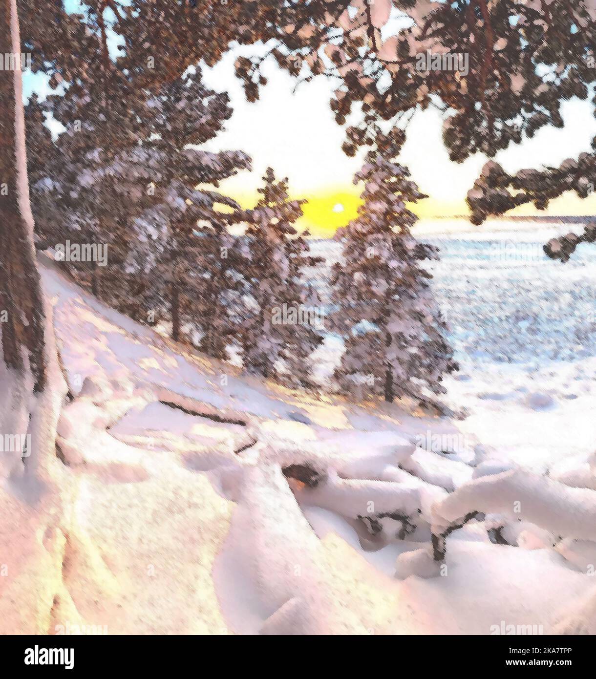 Digital painting of a beautiful winter landscape. Cold nature outdoor ...
