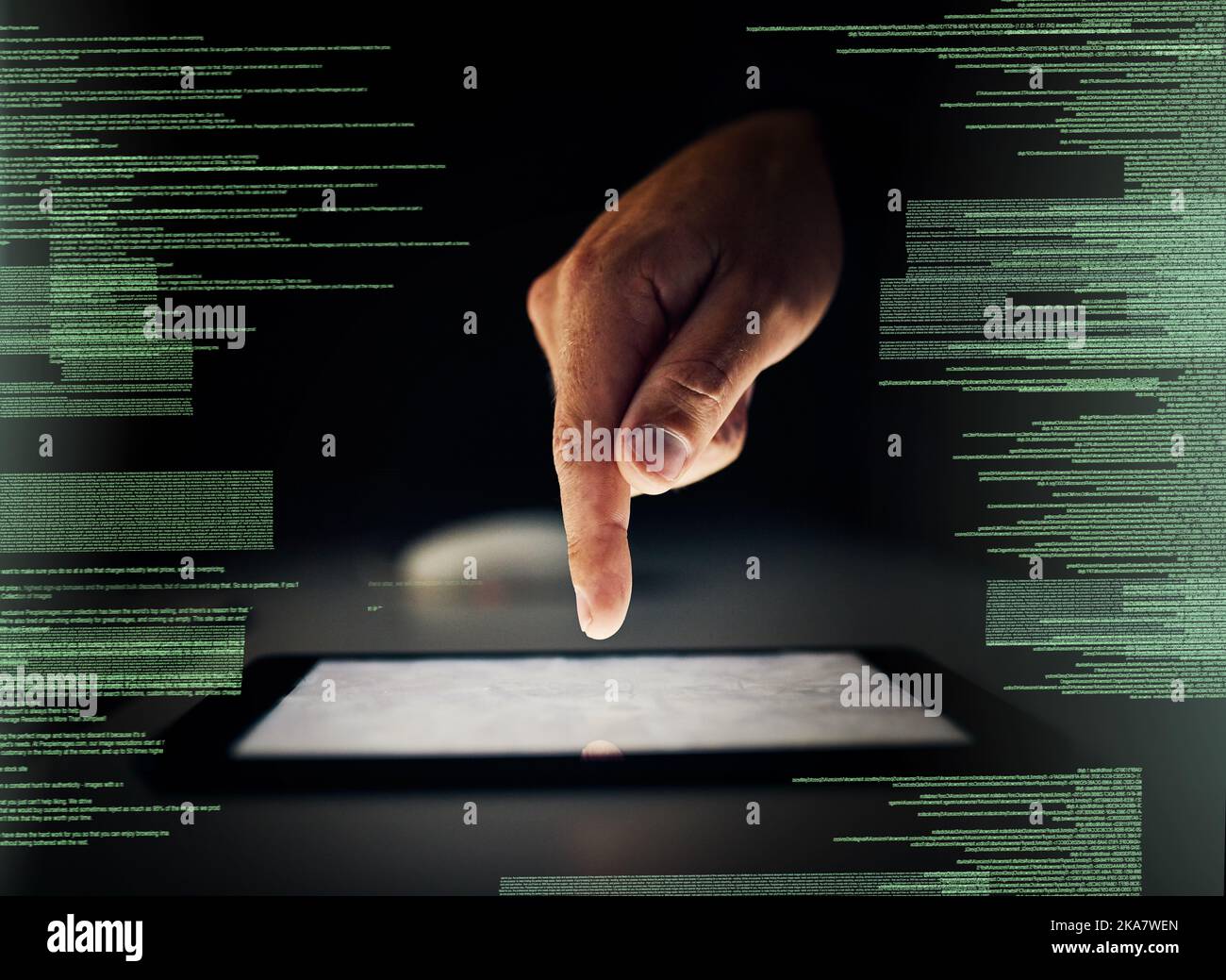 Touching his way to software programming. an unrecognizable man cracking a code using a tablet ...
