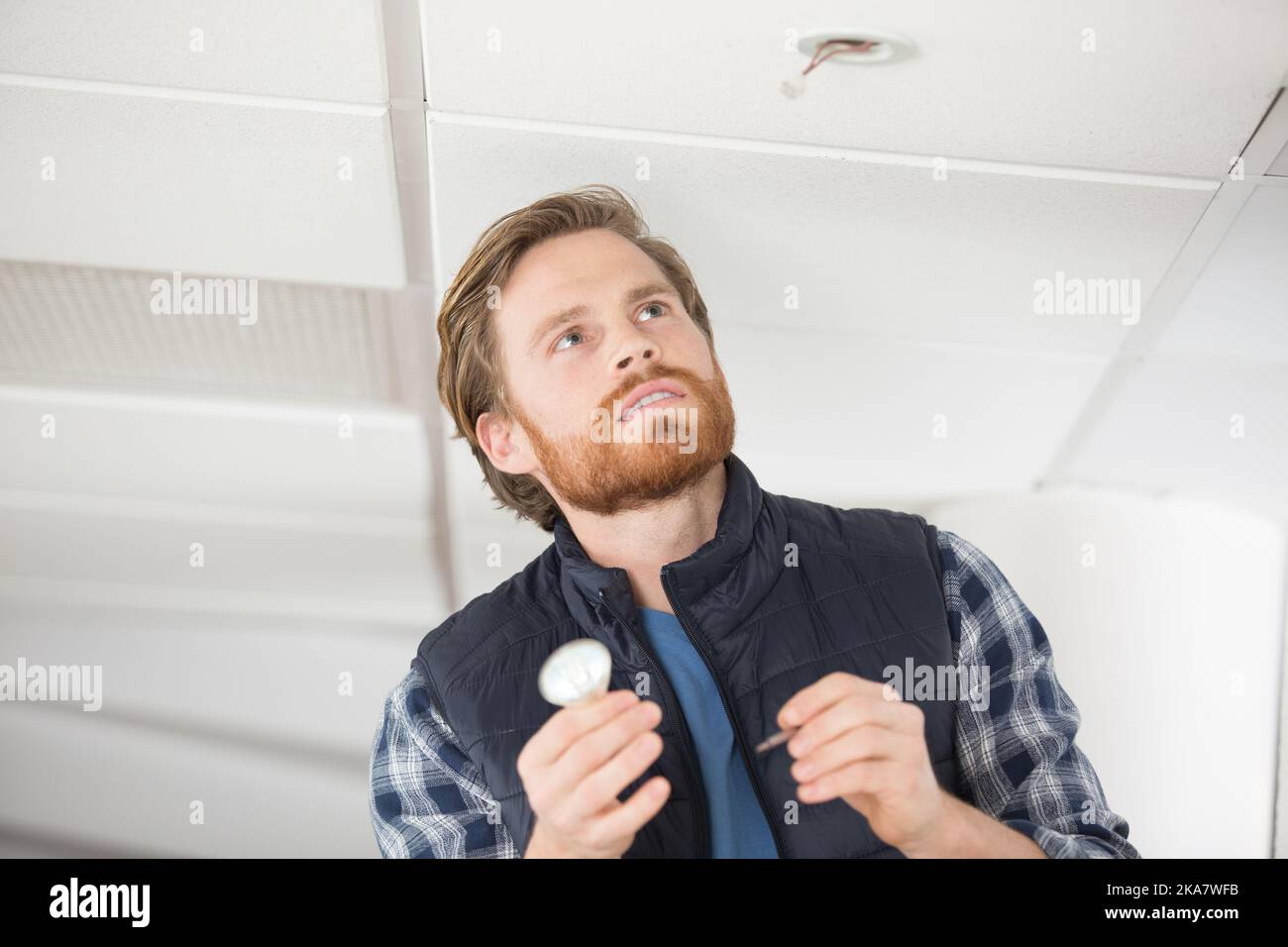 male electrician installing a lightbulb Stock Photo - Alamy