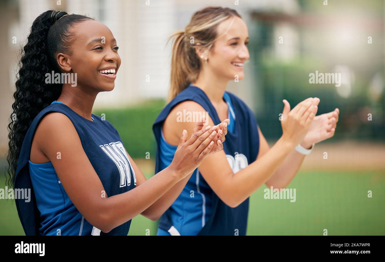 Woman, team and cheerleading in applause for motivation, support or ...