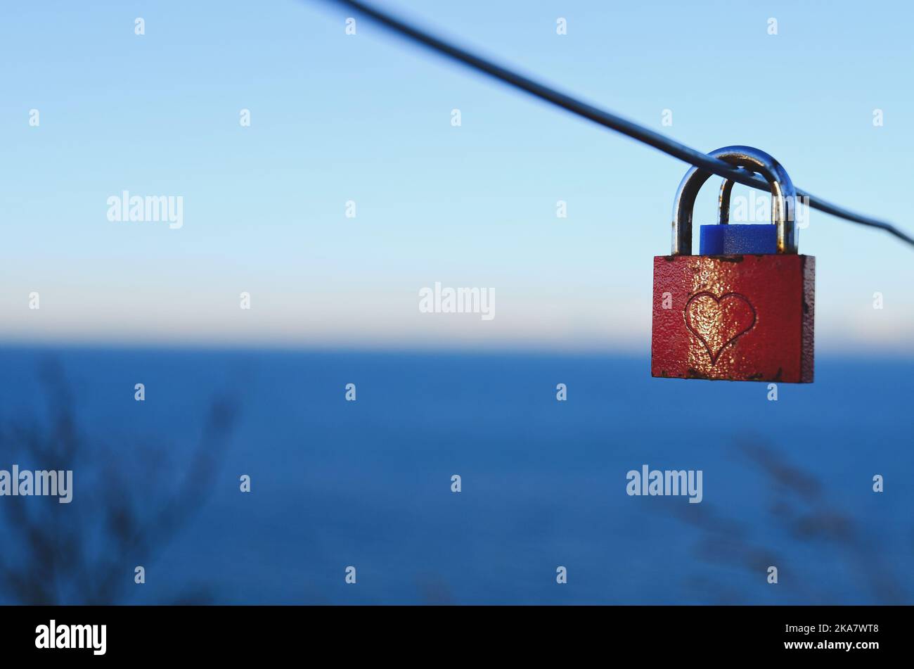 Love lock hanging on a bridge in Slovenia. Adriatic sea. Valentine's ...