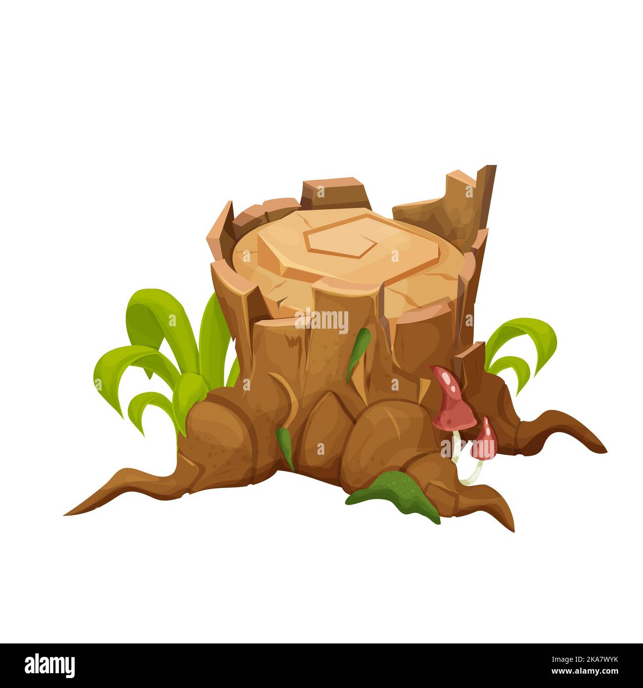 Stump of tree, detailed drawing with grass, moss and mushrooms in ...