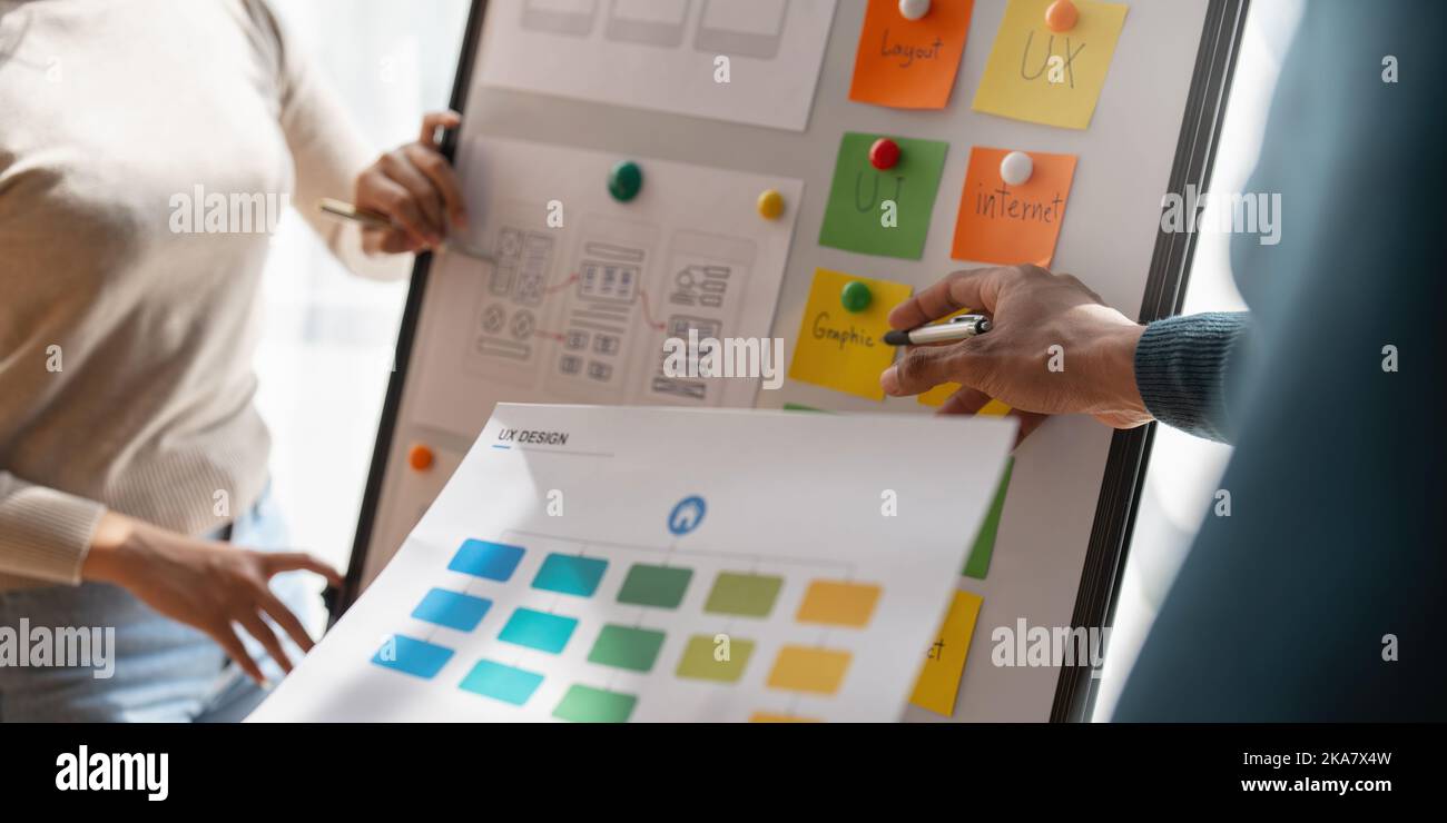 Group of ux developer and ui designer brainstorming about app interface ...