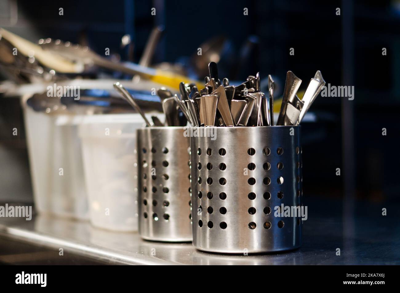 steel utensils close up, pots in the kitchen at restaurant Stock Photo ...