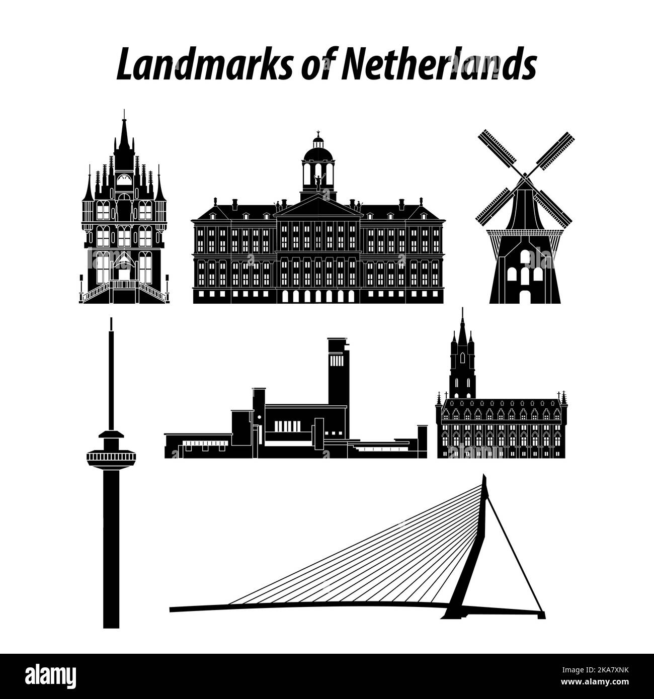 set of Netherlands famous landmarks by silhouette style,vector ...