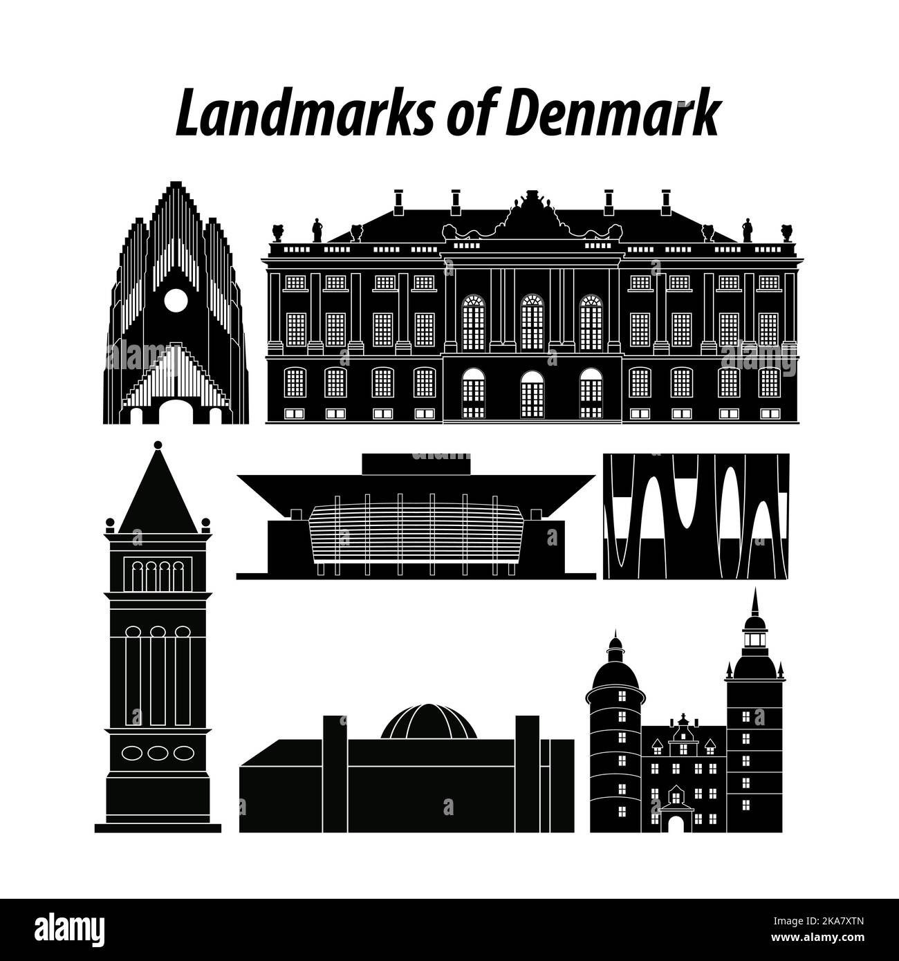 set of Denmark famous landmarks by silhouette style,vector illustration ...