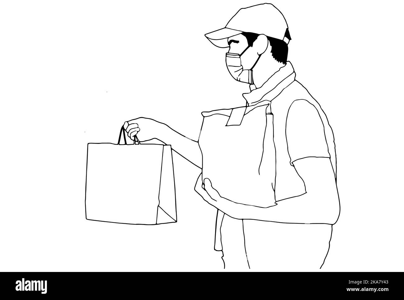 The guy in the cap courier with boxes. One line drawing isolated object ...