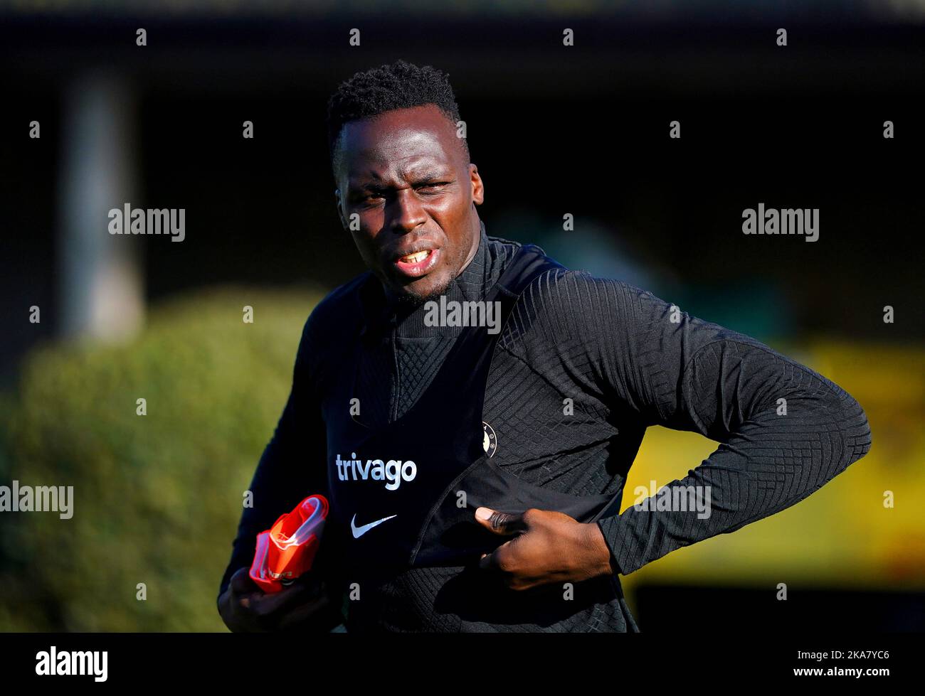 Chelsea goalkeeper Edouard Mendy during a training session at Cobham ...