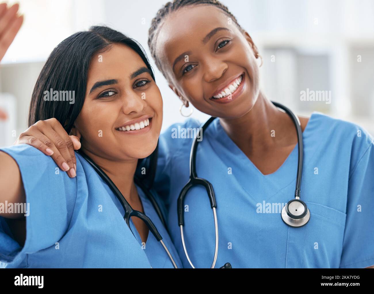 Doctors, selfie and women friends at hospital smile for photograph together with stethoscope ...