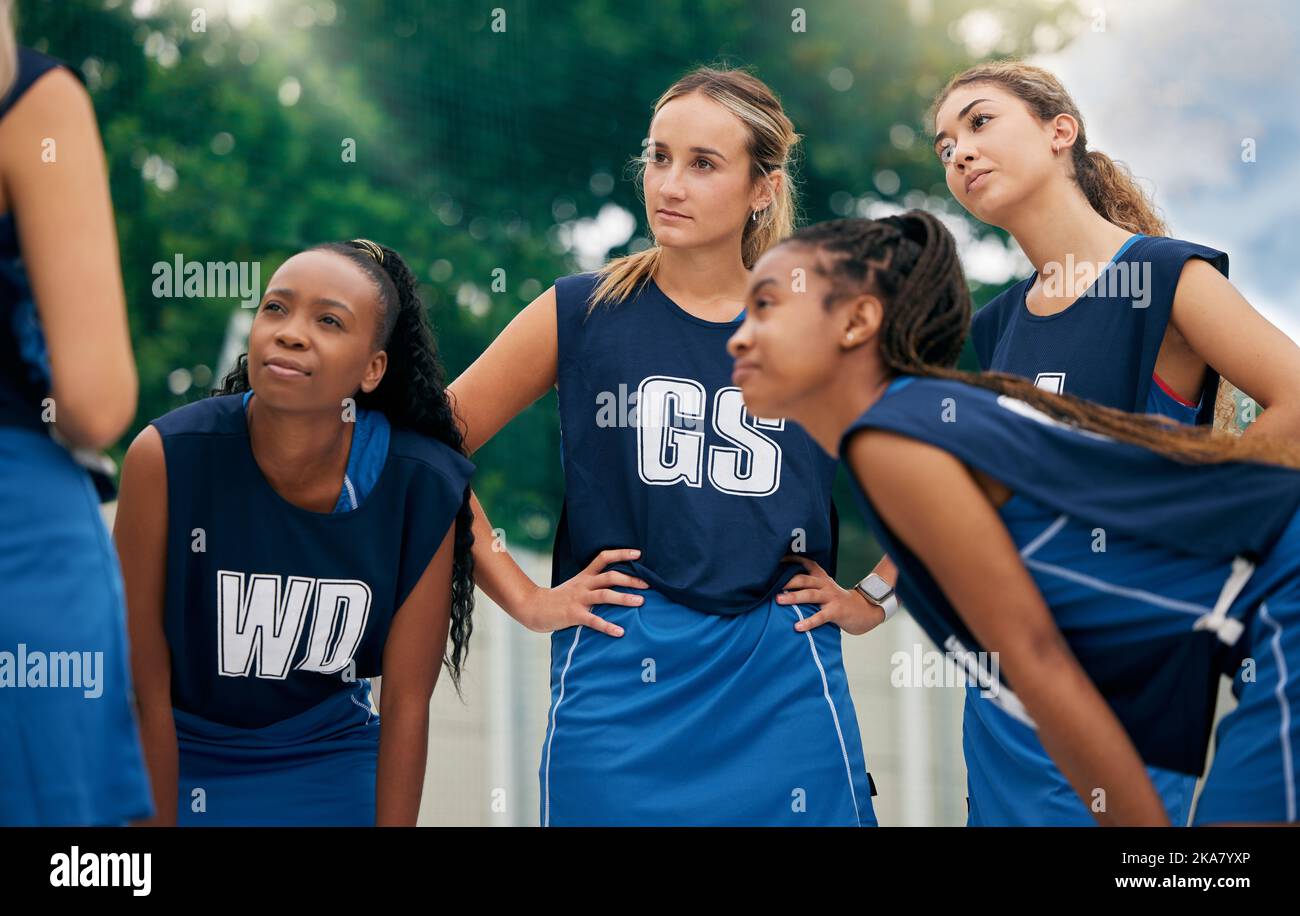 Teamwork, netball and women in a huddle for motivation, team building ...