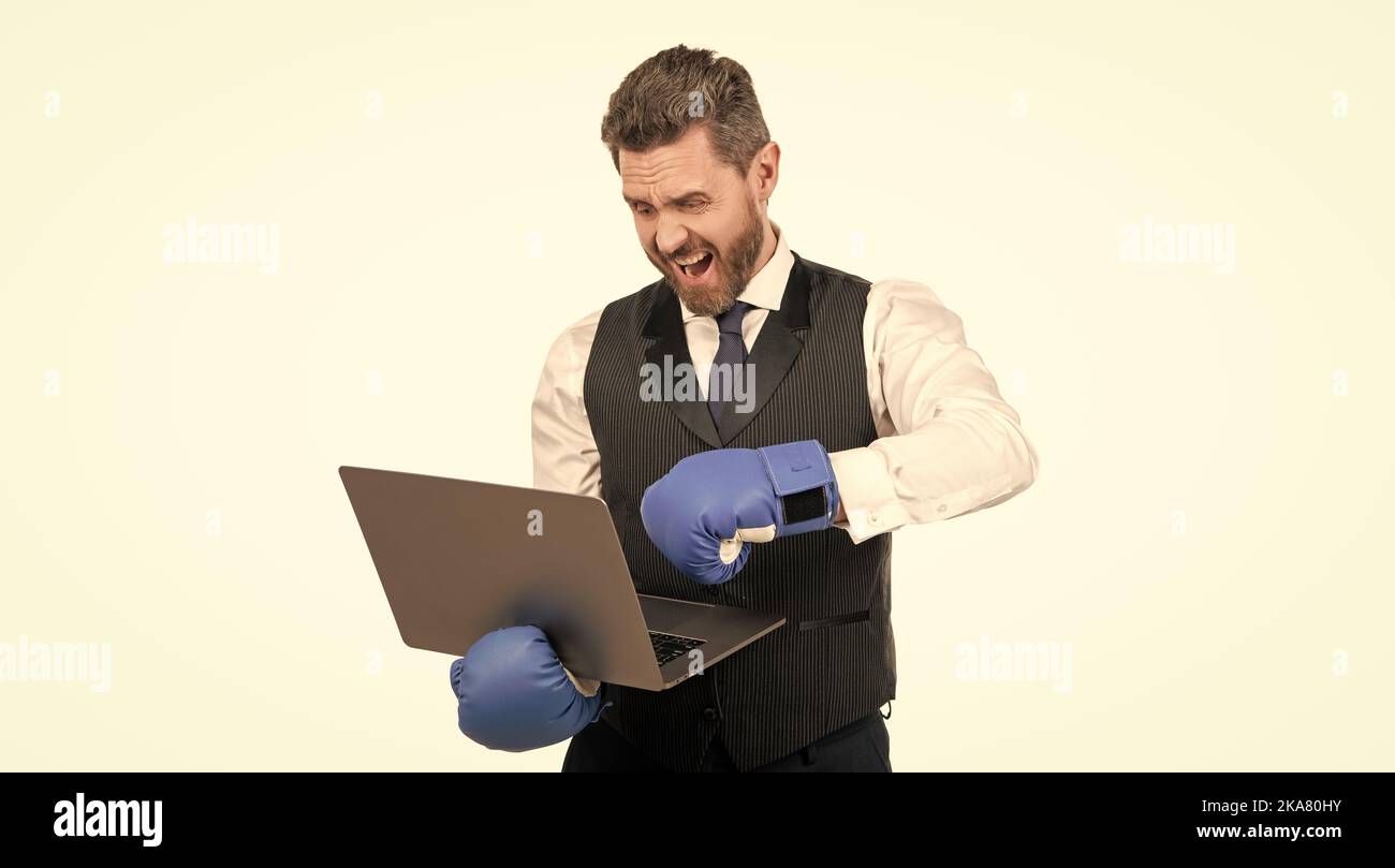 shouting guy in boxing gloves and formalwear punch computer isolated on ...