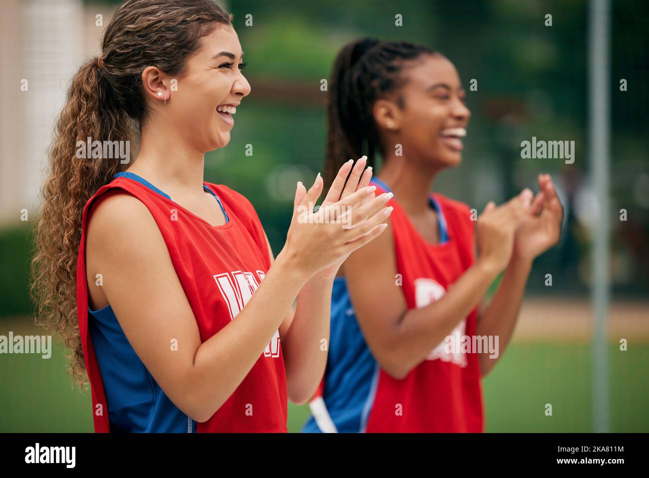 Celebrate, support and netball team clapping hands during training for ...