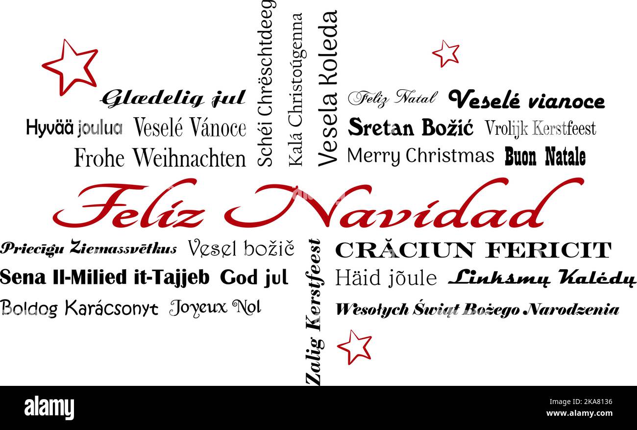 Feliz Navidad vector lettering. In all European Union languages with ...