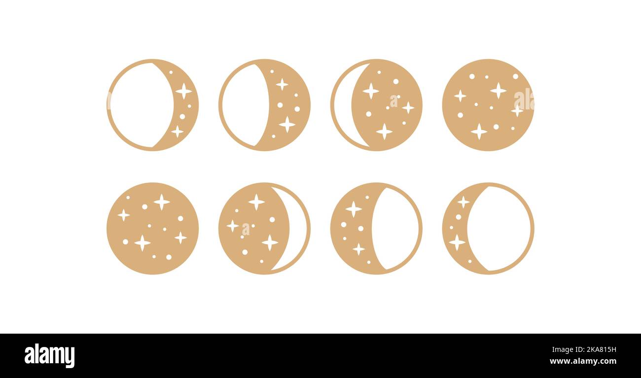 Moon phase linear icons with stars. Gold crescent moon, astronomic boho ...