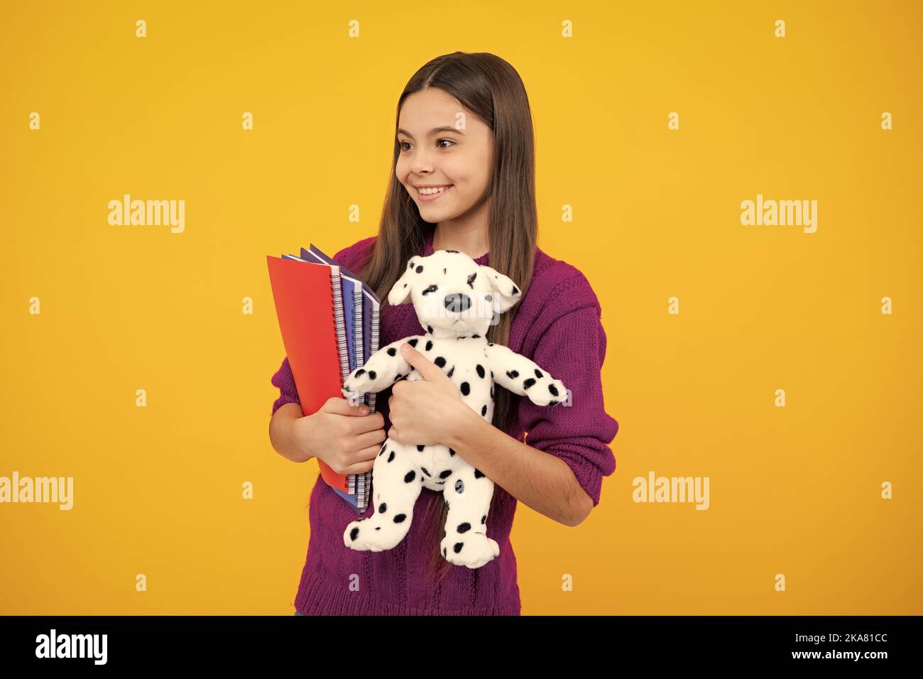 Schoolgirl 12, 13, 14 years old with toy. School children cuddling ...