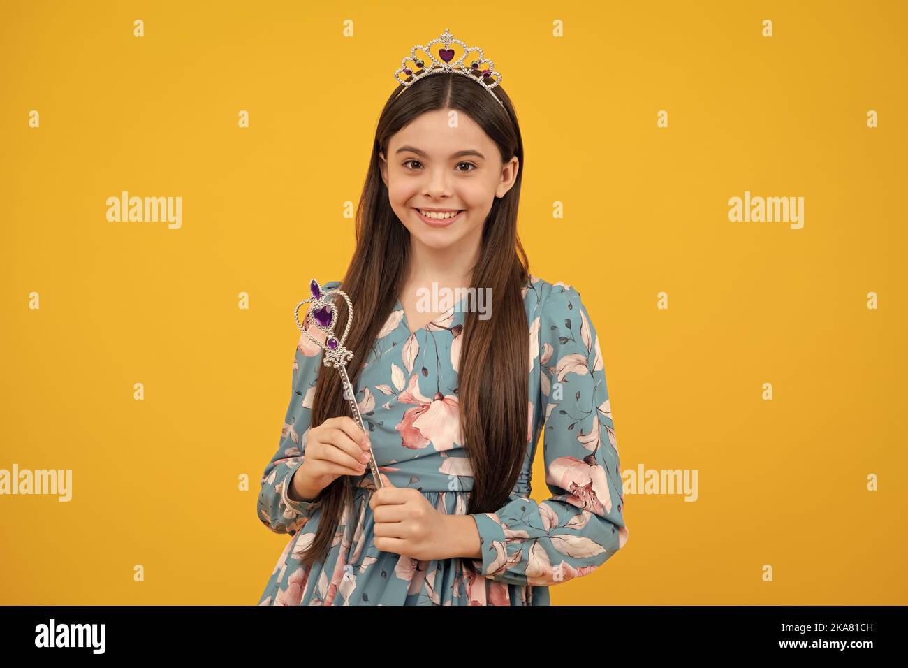 Teenage child girl princess on yellow background. Romantic wonderland ...
