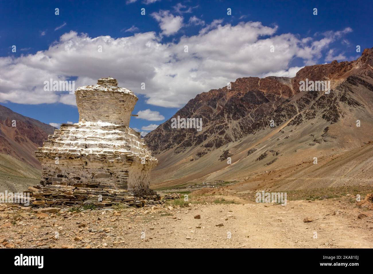 An ancient white Buddhist stupa in the Himalayan village of Kargyak in ...