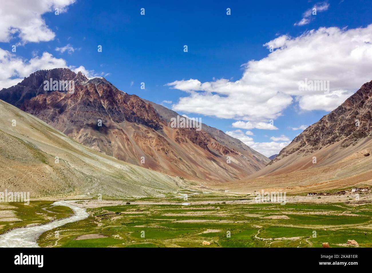 Green fields and high mountains of the village of Kargiak in the ...