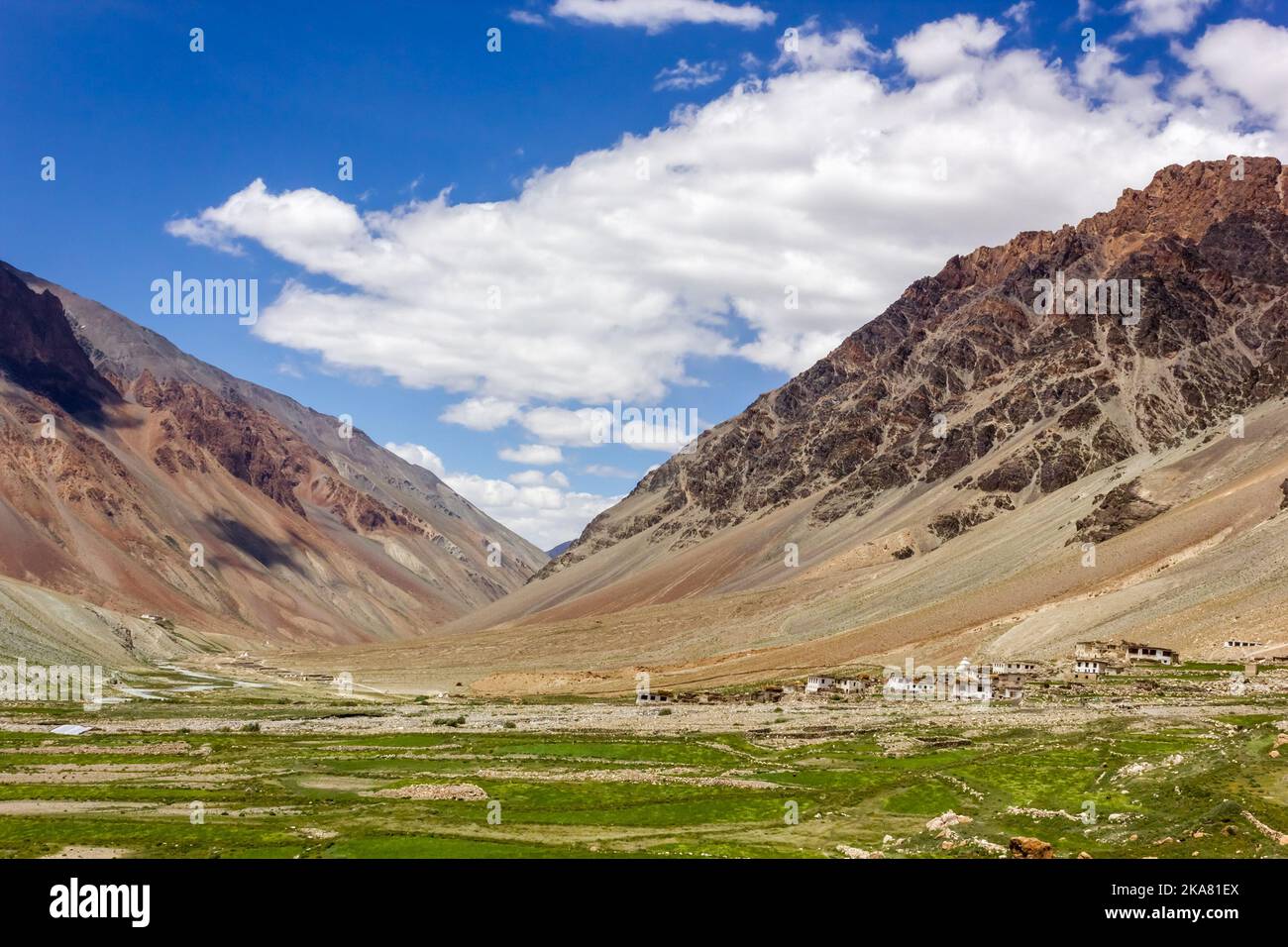 Green fields and high mountains of the village of Kargiak in the ...