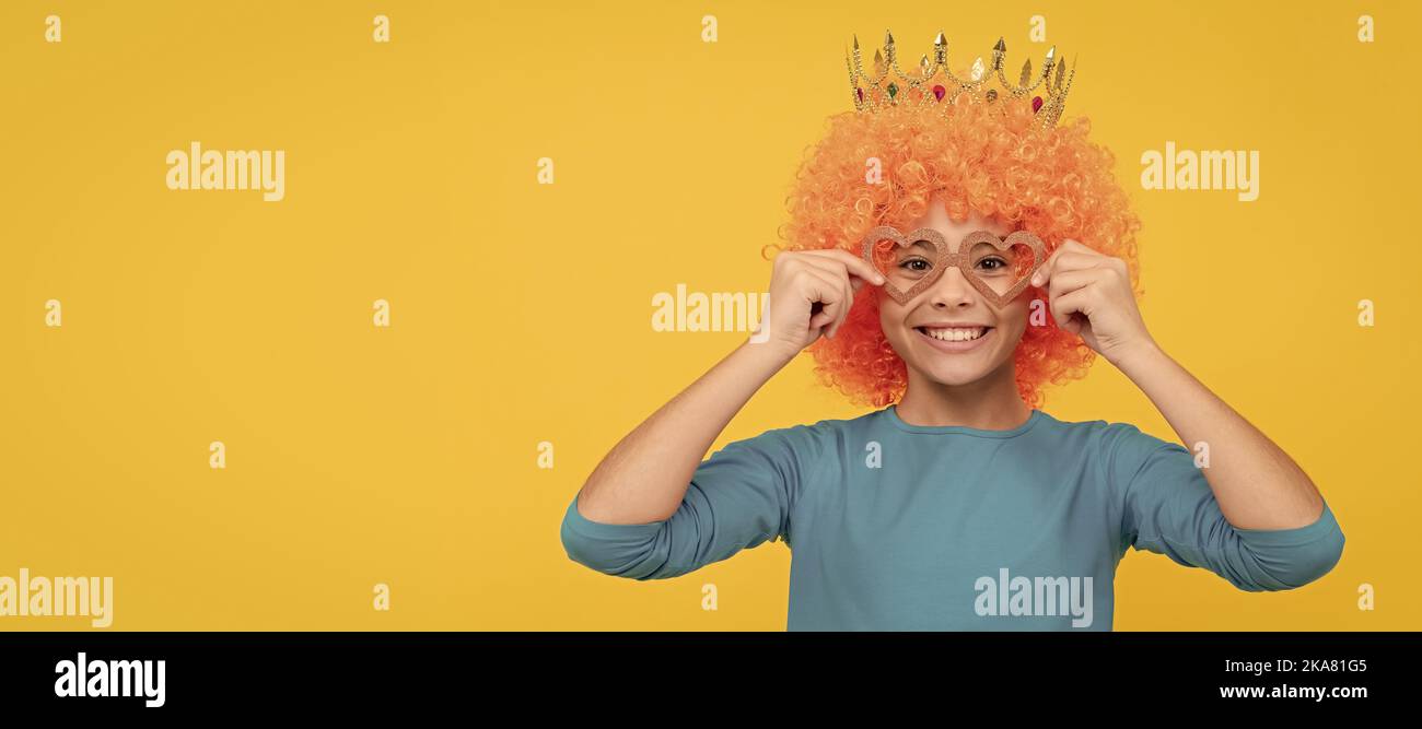 happy teen girl in fancy clown wig wear queen crown and funny party ...