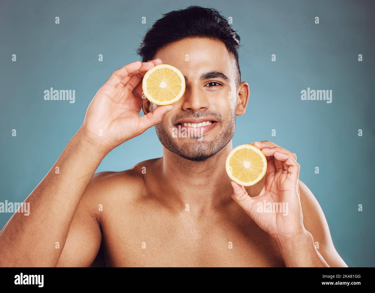 Beauty, man and face, fruit with smile in portrait, grooming and natural cosmetics, skincare ...