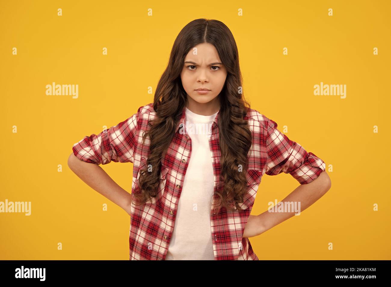 Childhood emotion anger and hate. Teenager girl frowning upset because ...