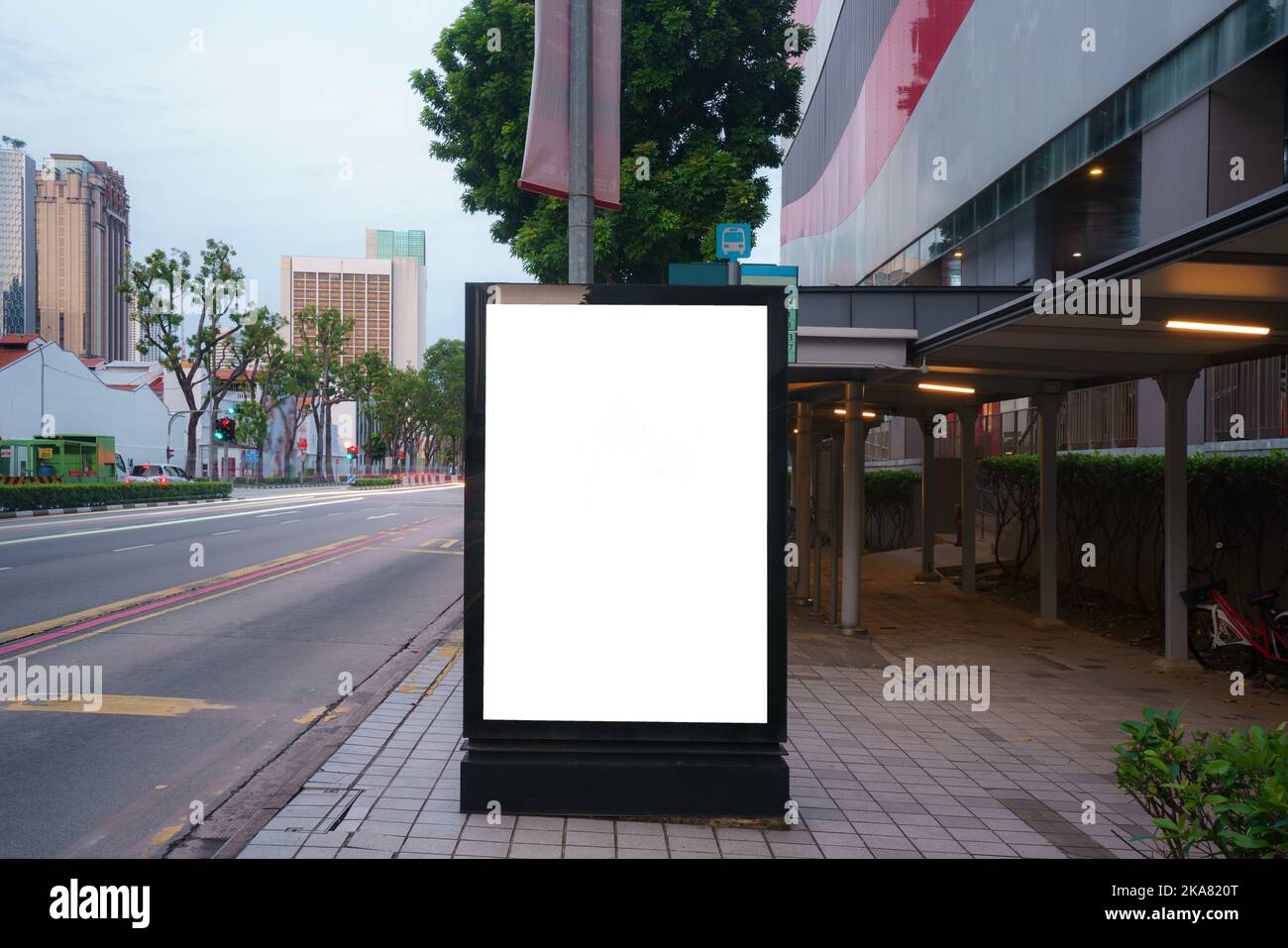 White wrinkled poster template in city. Glued paper mockup. Blank ...