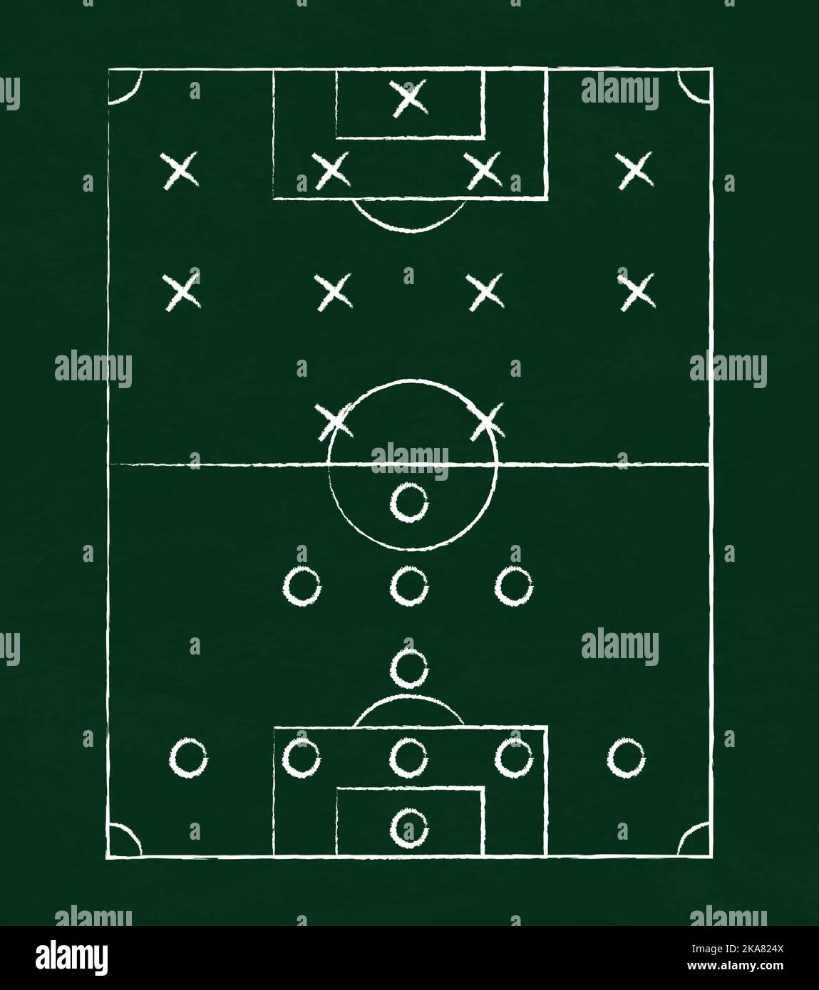Football and football tactics drawn with white chalk on a green board ...