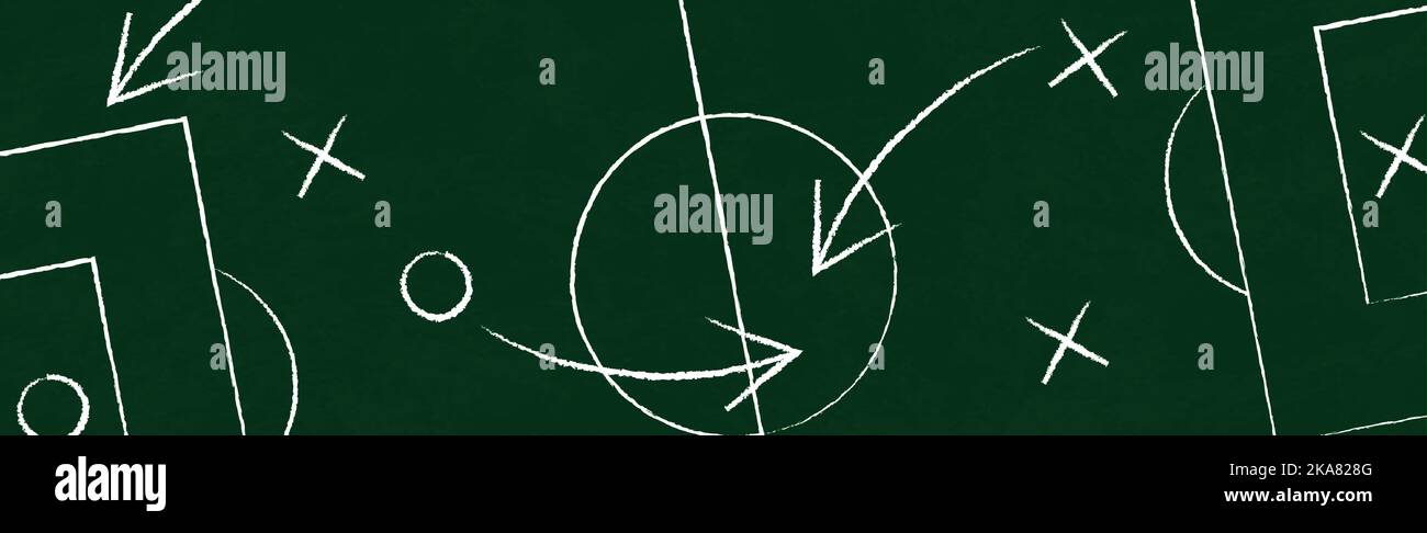 Football and football tactics drawn with white chalk on a panoramic ...
