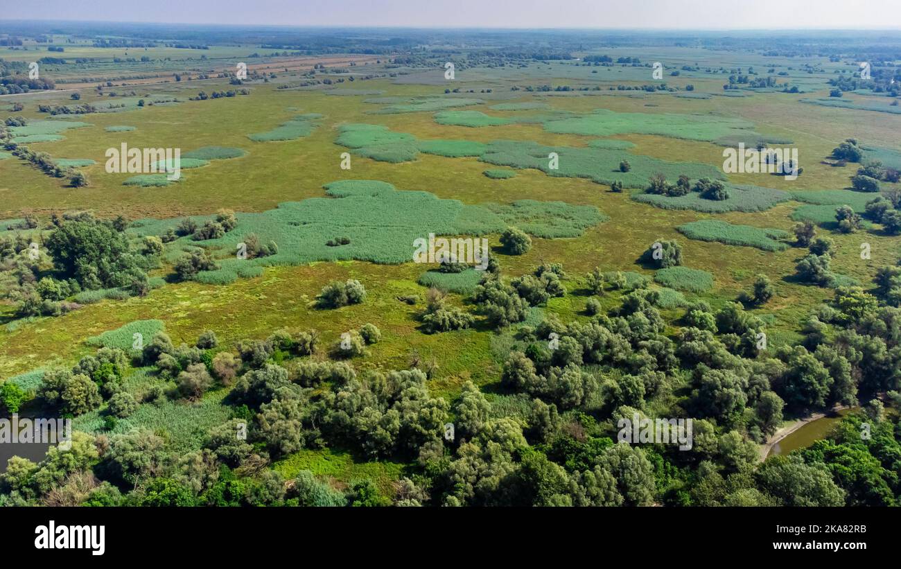 Aerial view of National Park Kopacki Rit during a Dunav low water level ...