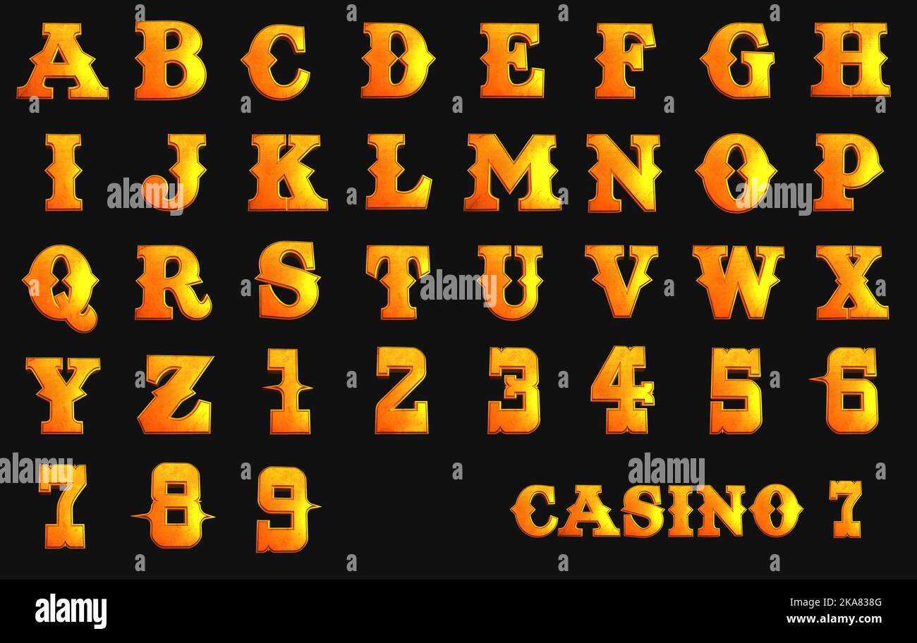 An illustration of yellow ombre alphabet and number font on a black ...