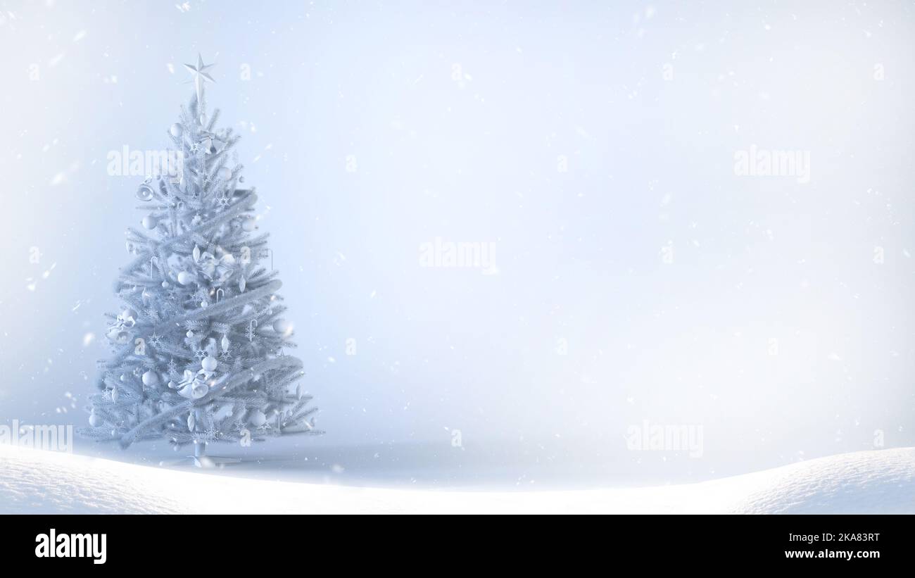 White Christmas tree with snow on a white background with copy space ...