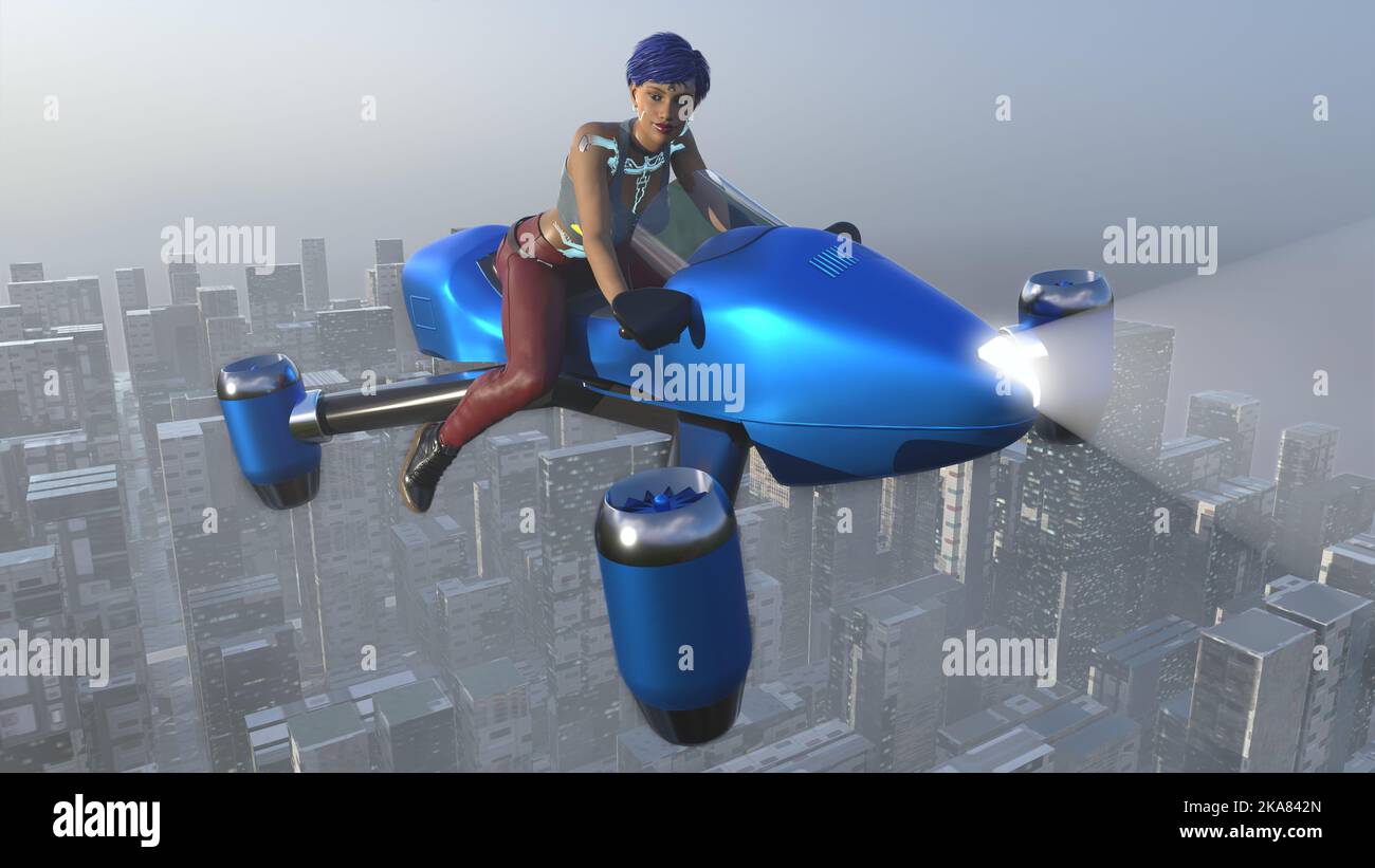 Woman driving a flying vehicle Stock Photo - Alamy