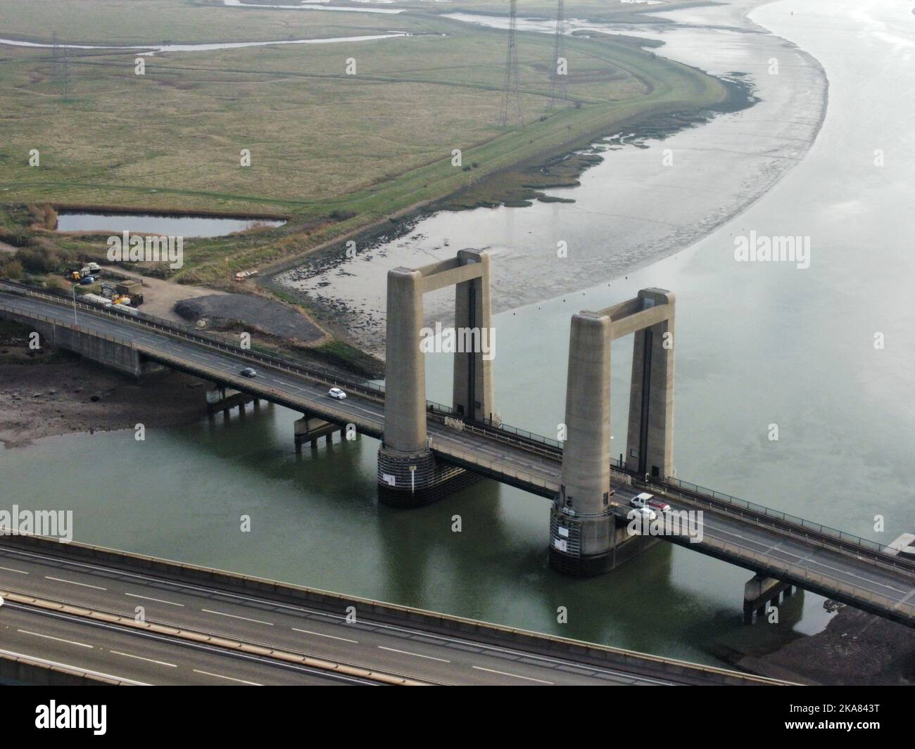The high angle view of the Kingsferry bridge above the Swale channel ...