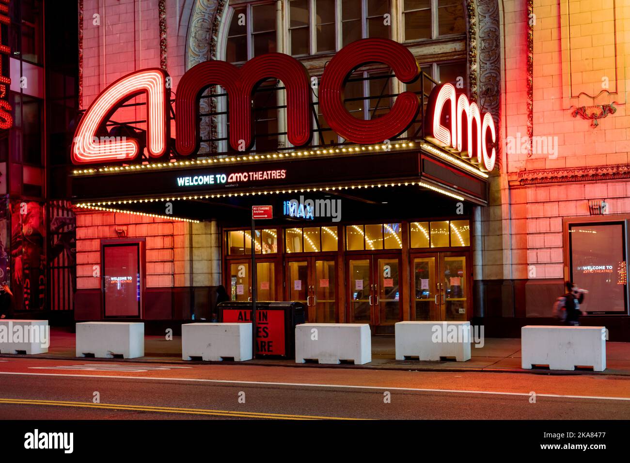 The AMC theatre entrance in red neon lights in Times Square shut down ...