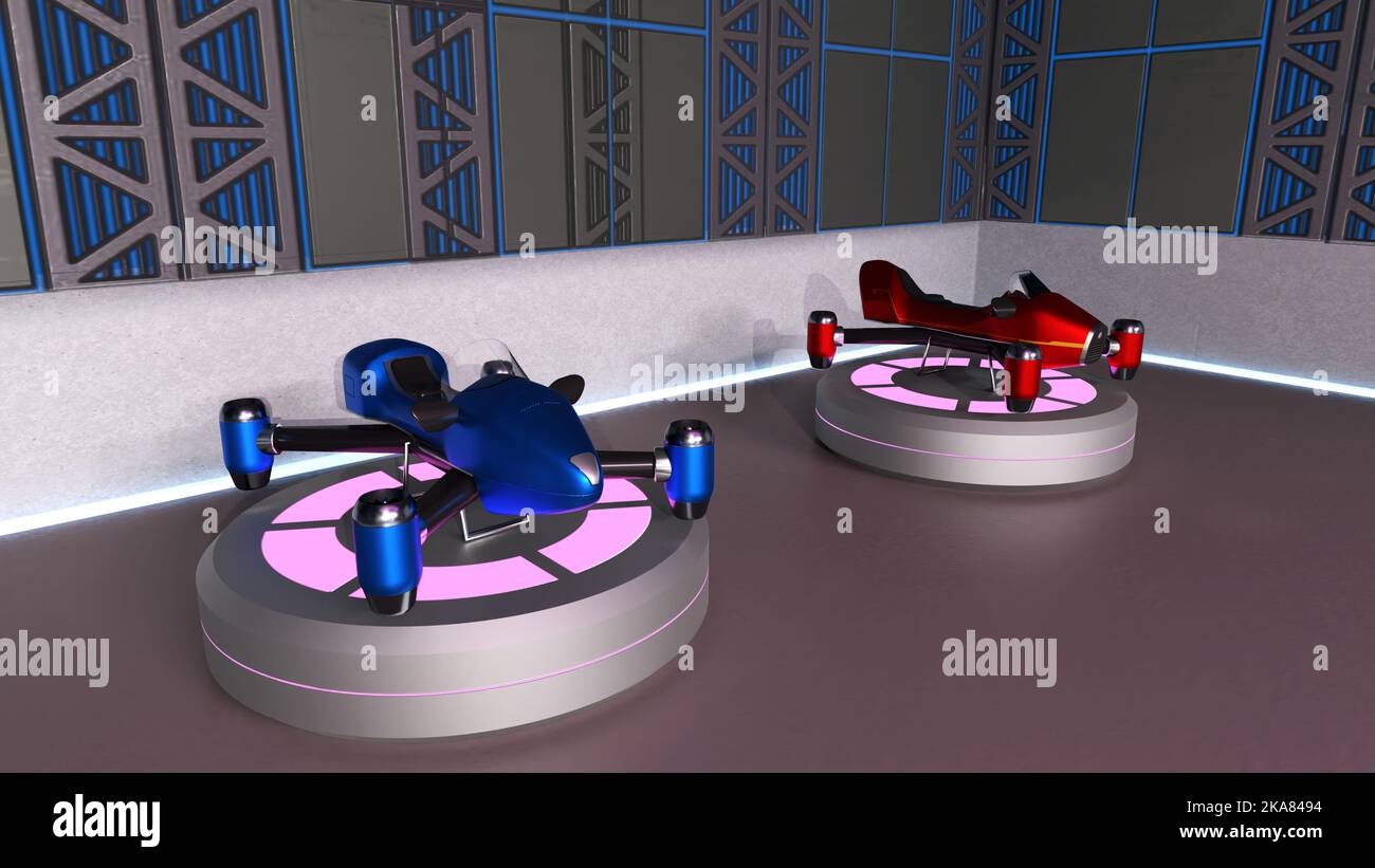 Futuristic air vehicles on display Stock Photo - Alamy