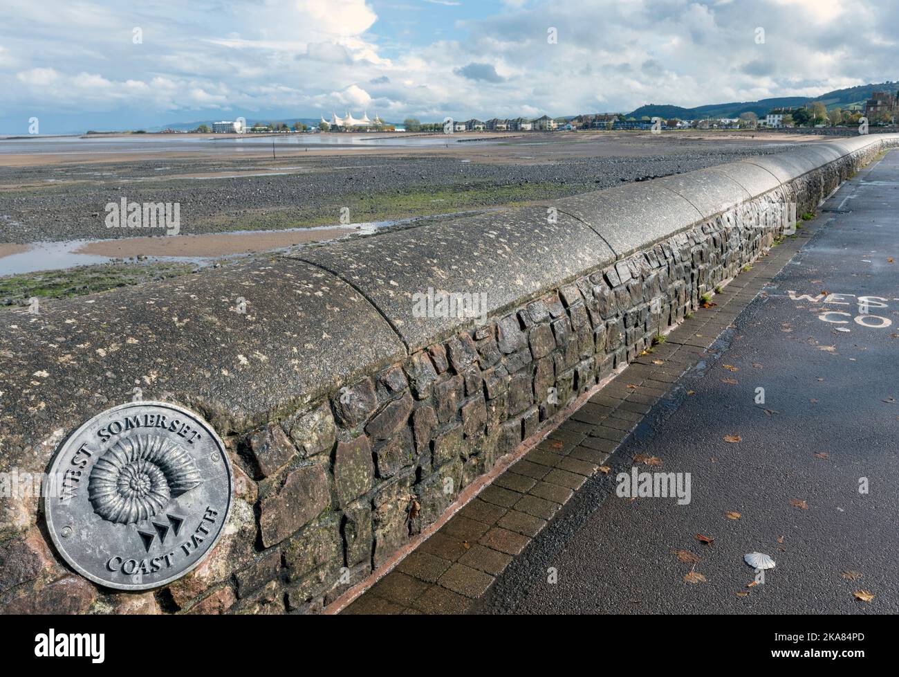 Landscape view of the seafront at Minehead including plaque marking the West Somerset Coast Path ...