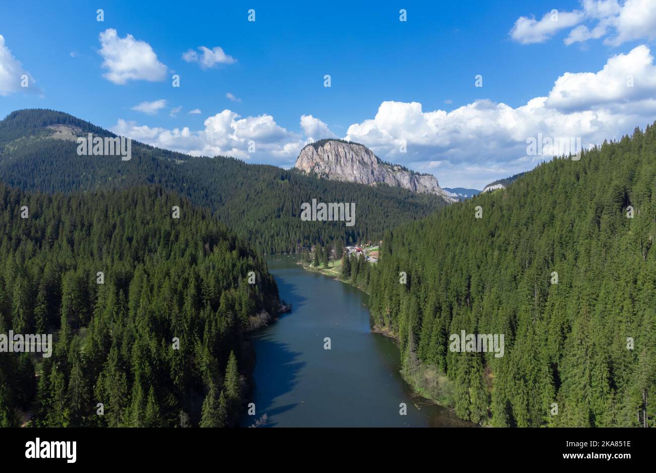 Landscape with Red Lake in Romania seen from above, drone view, summer ...