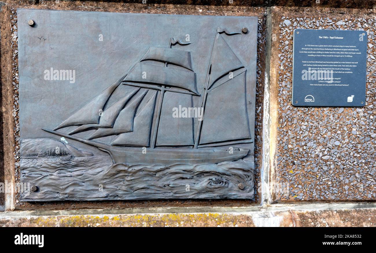 Heritage plaque by Sue Webber on the Quay Wall at Minehead depicting ...