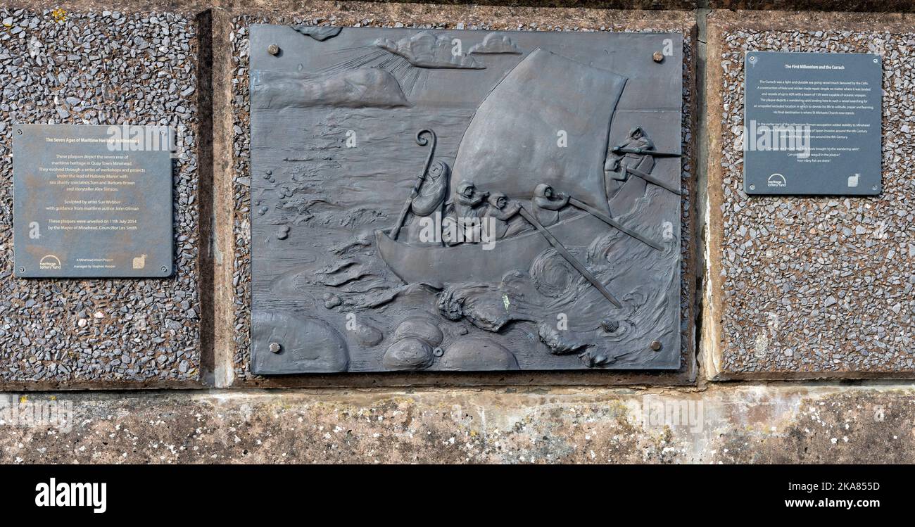 Heritage plaque by Sue Webber on the Quay Wall at Minehead depicting ...